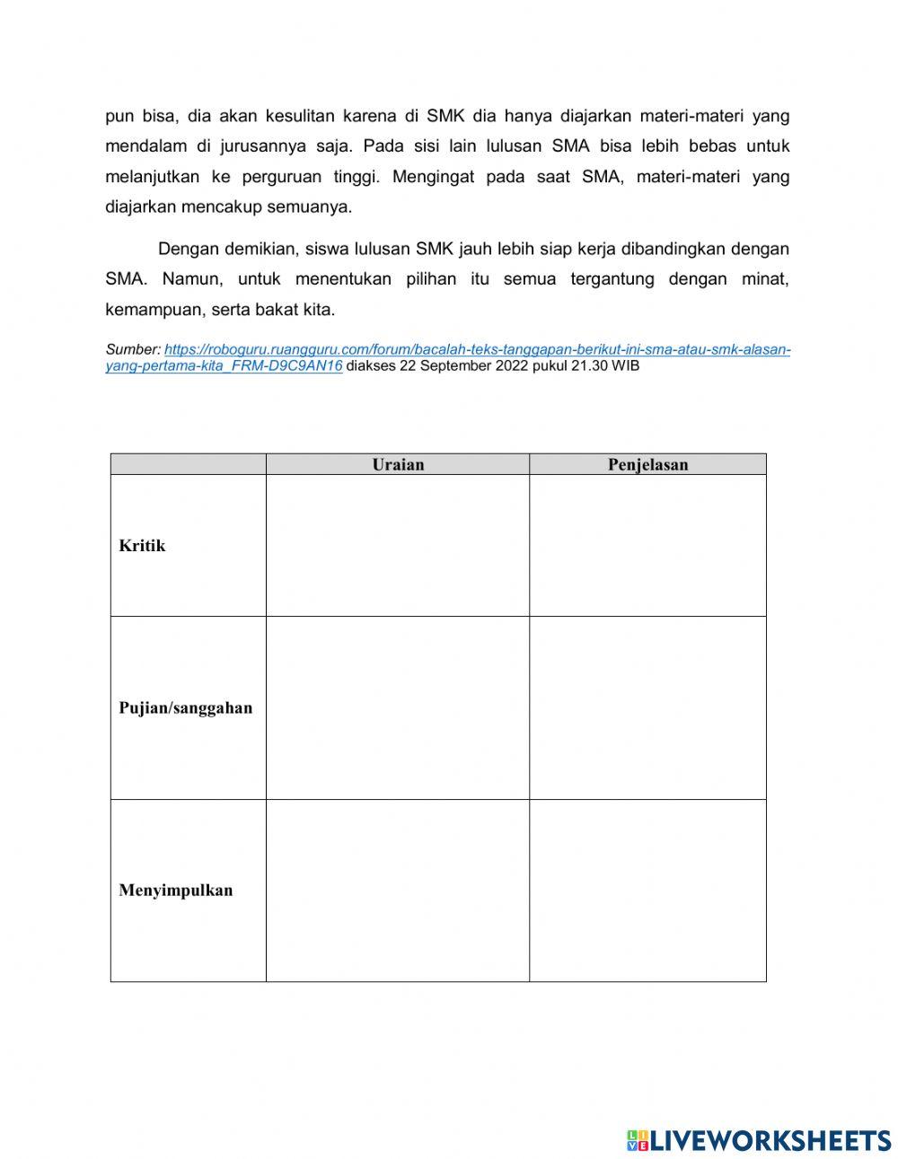 Menelaah teks tanggapan worksheet | Live Worksheets