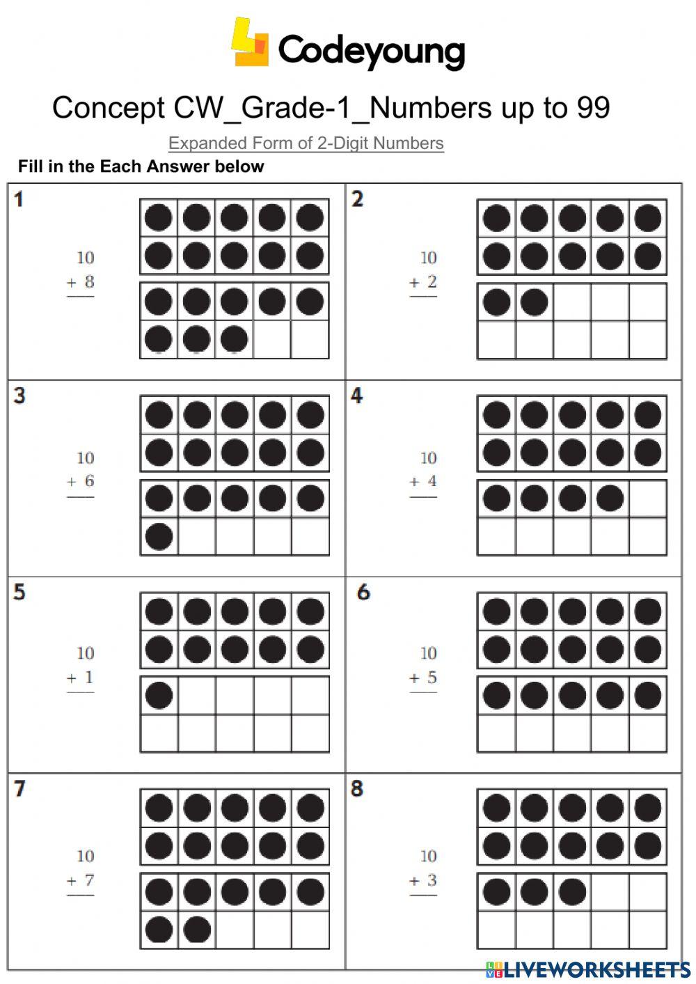 Expanded Form of 2-Digit Numbers-Concept CW worksheet | Live Worksheets