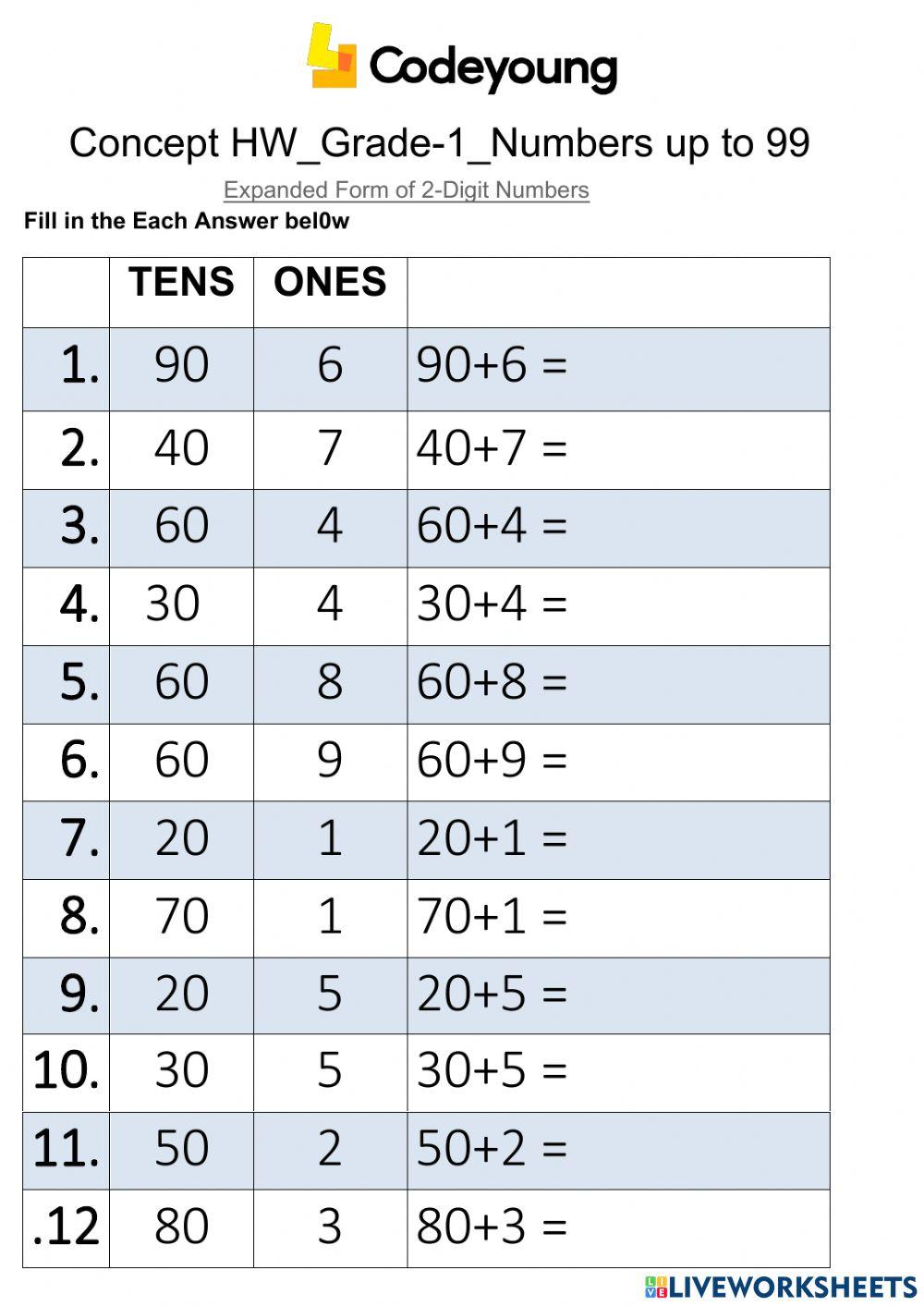 Expanded Form of 2-Digit Numbers-Concept HW worksheet | Live Worksheets