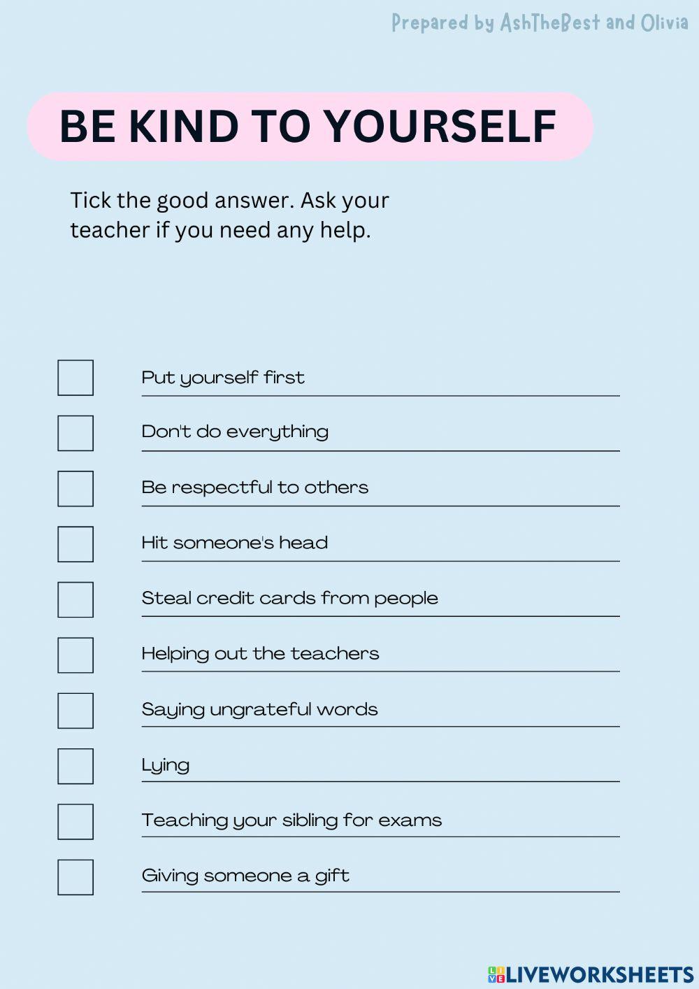 Be Kind To Yourself worksheet | Live Worksheets