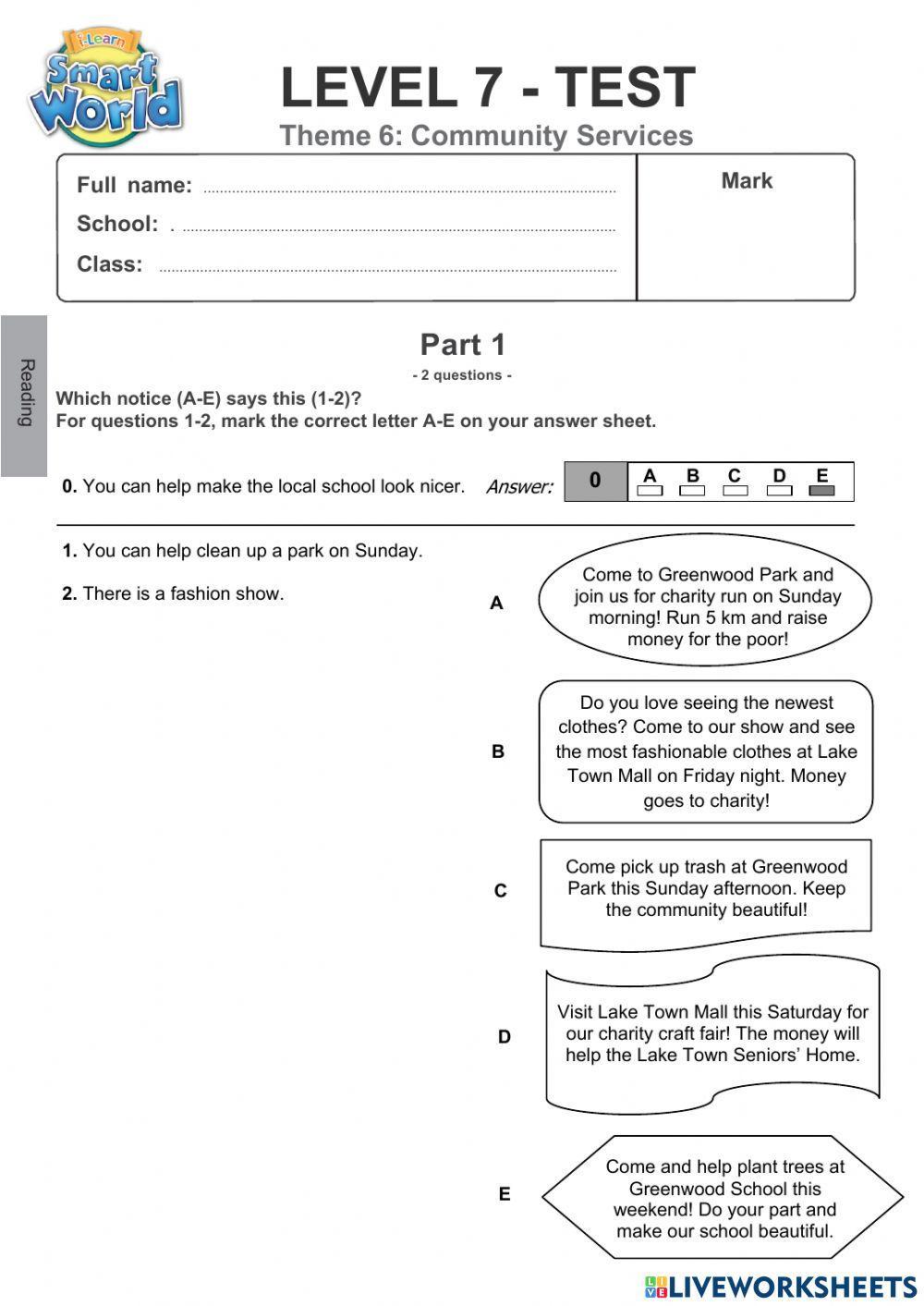 Test-Theme 6-Reading worksheet | Live Worksheets