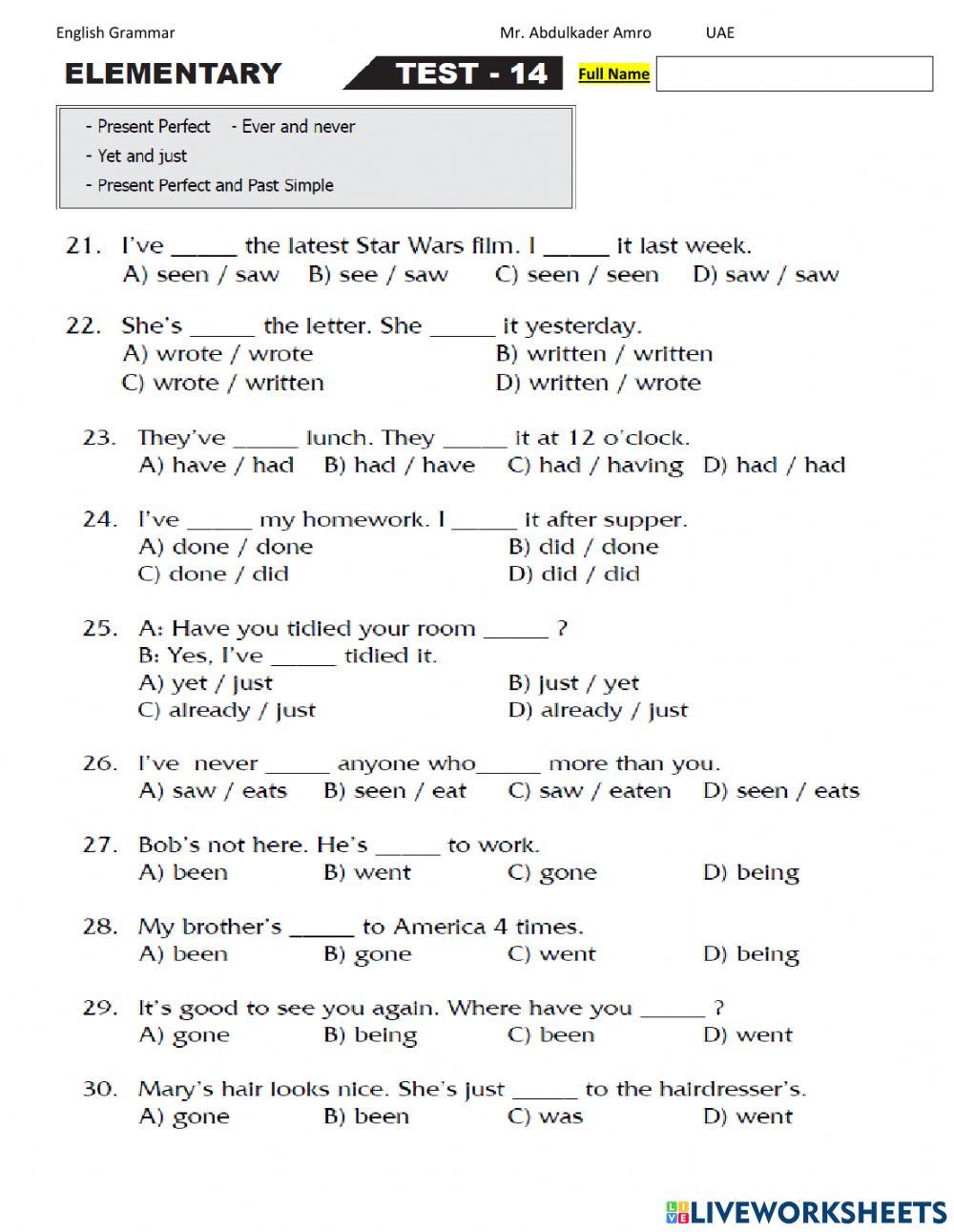 Elementary Test 14 Part 2 Grammar 2169355 | Abdulkader
