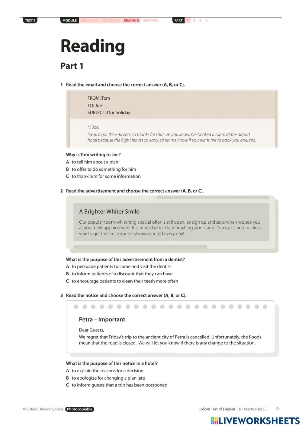 2449585 | Reading Part 1 B1 | KevinFer | LiveWorksheets