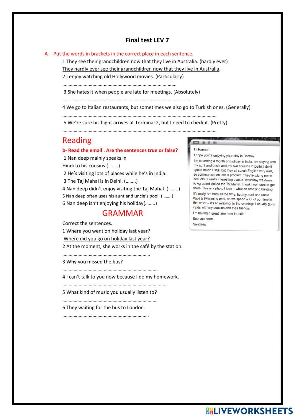 Final test Lev 7 worksheet | Live Worksheets