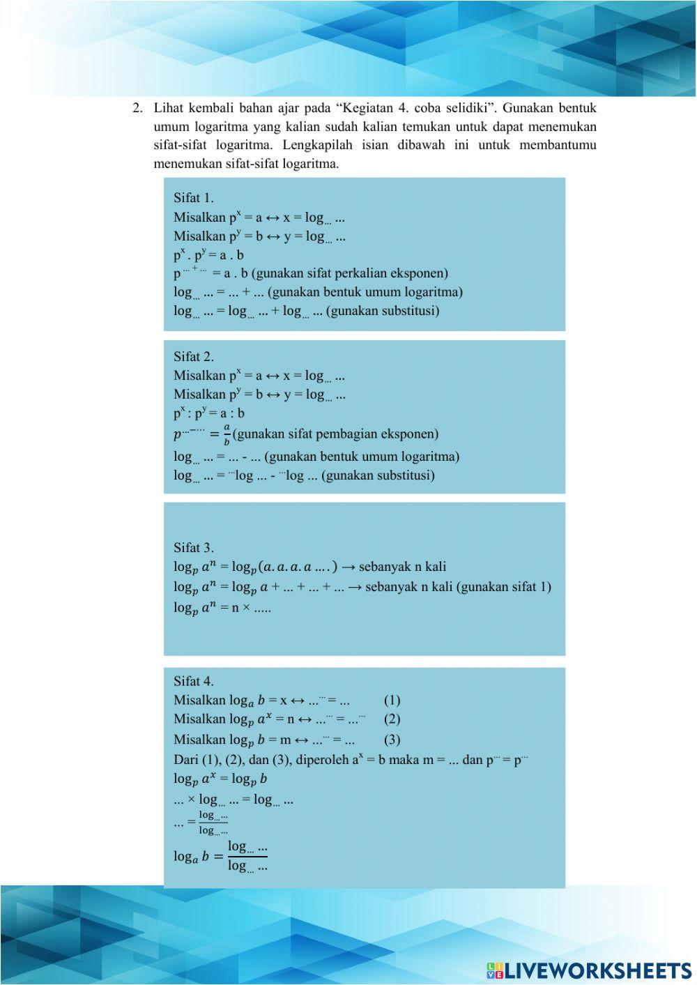 Logaritma online pdf worksheet | Live Worksheets