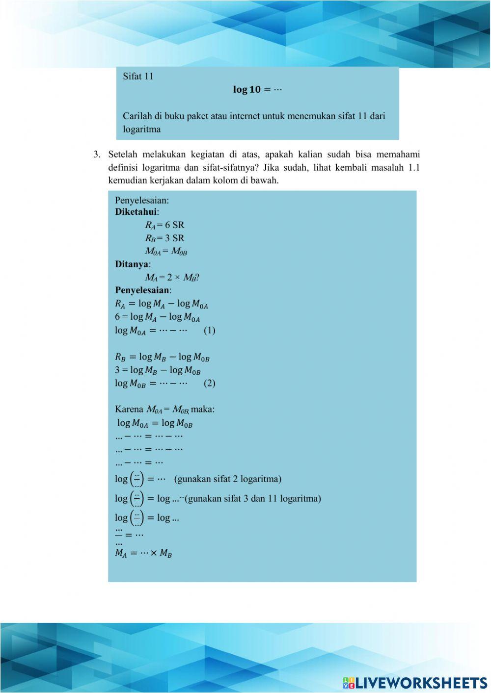 Logaritma online pdf worksheet | Live Worksheets