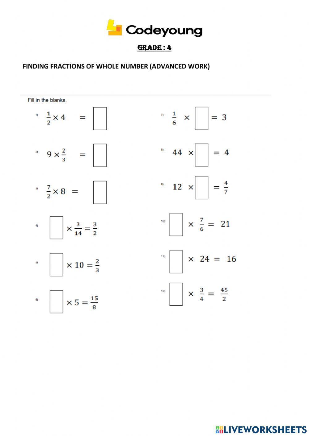 2170165 | Finding fractions of whole number (advanced