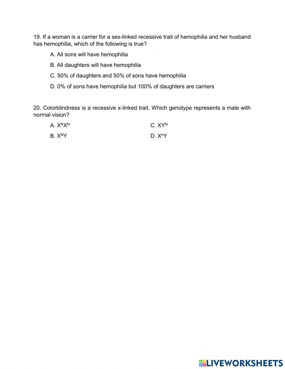 Sex Linked Trait Online Exercise For Live Worksheets