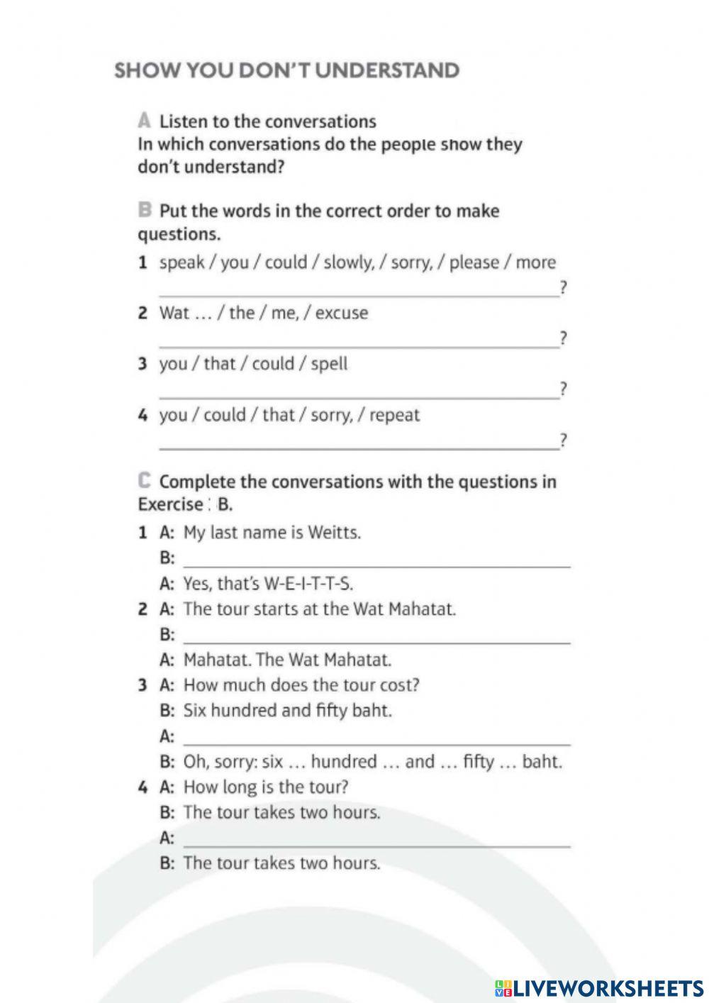 Show you don't understand worksheet | Live Worksheets