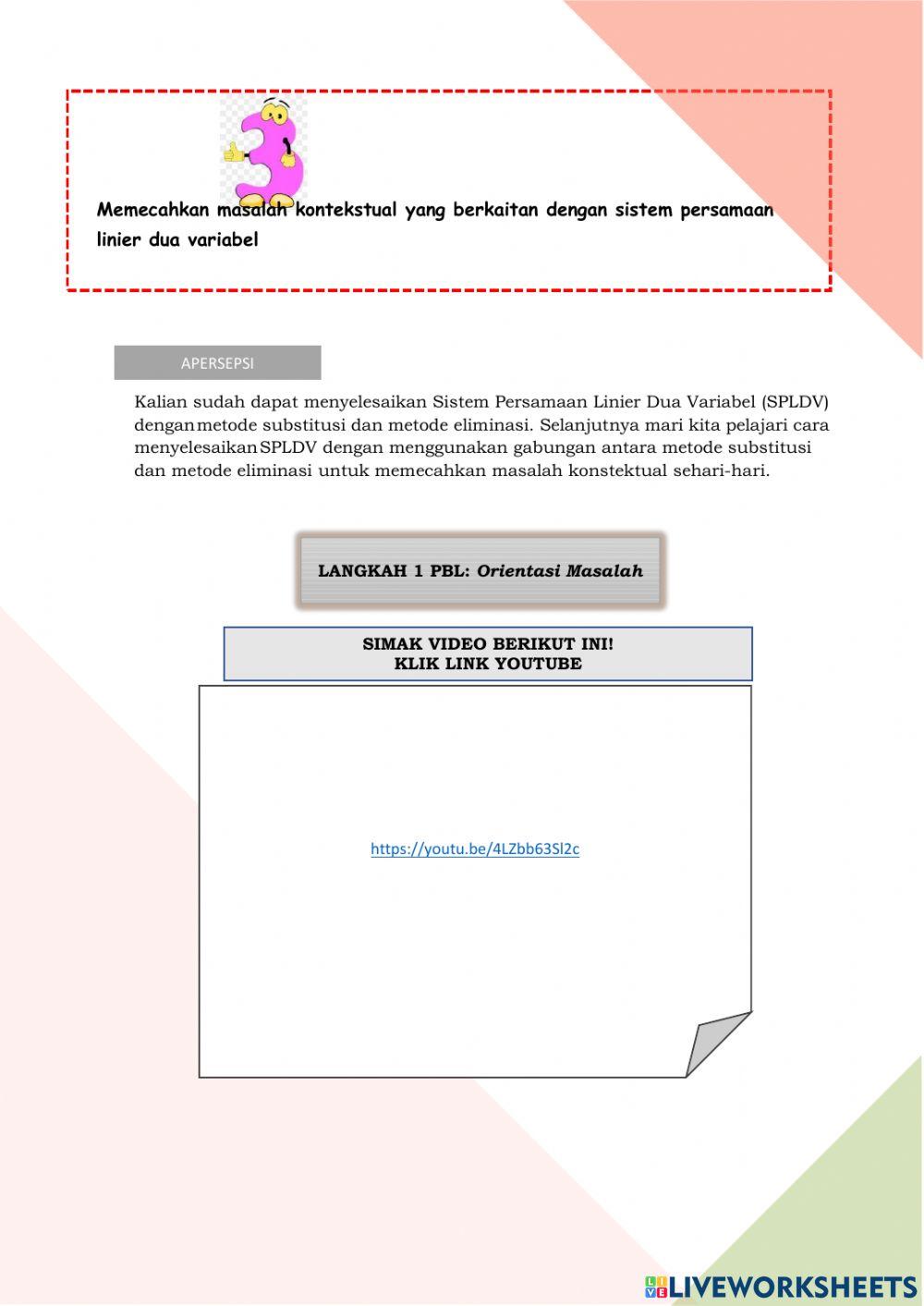 Spldv exercise for 8F | Live Worksheets
