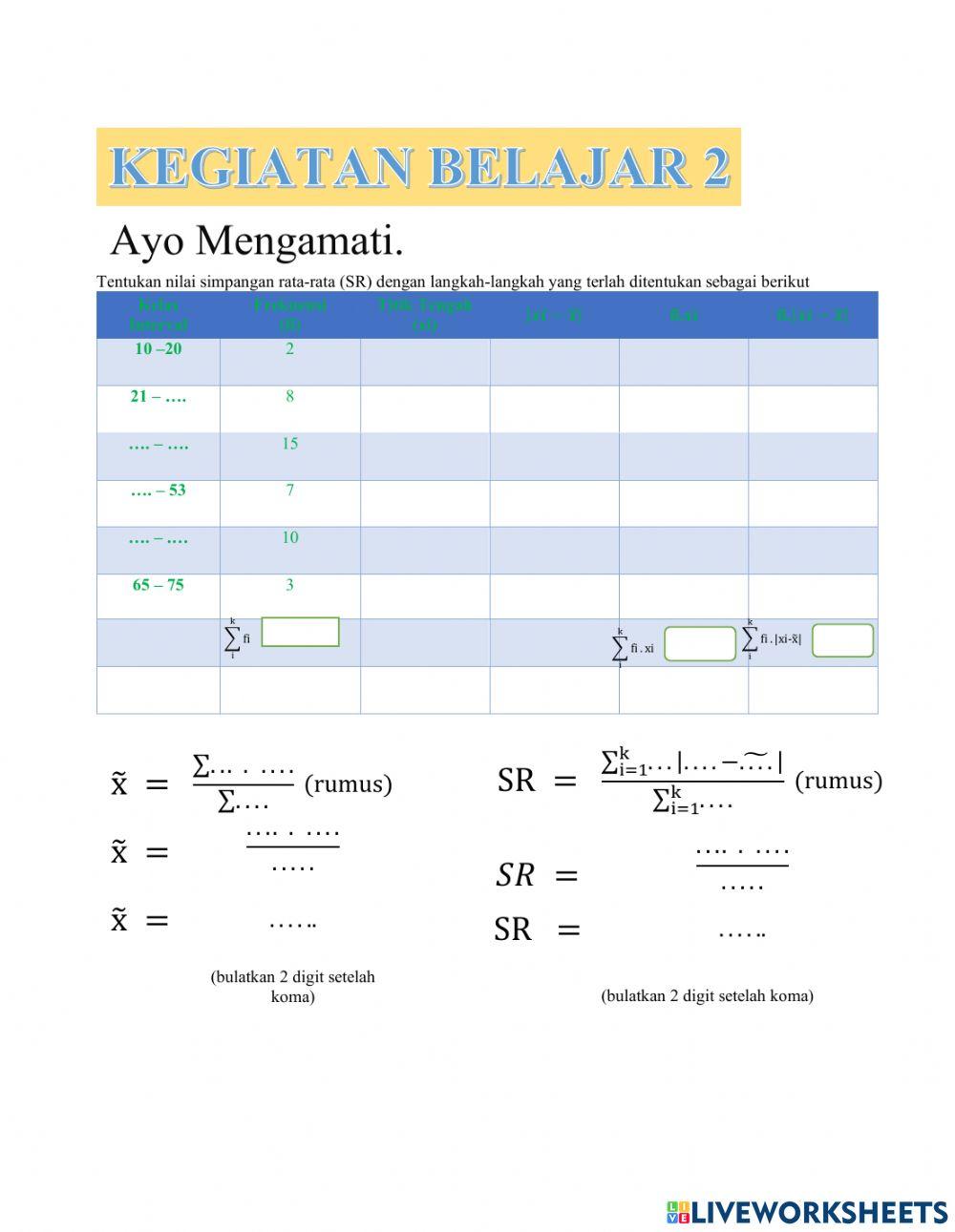 Simpangan rata-rata (sr) worksheet | Live Worksheets
