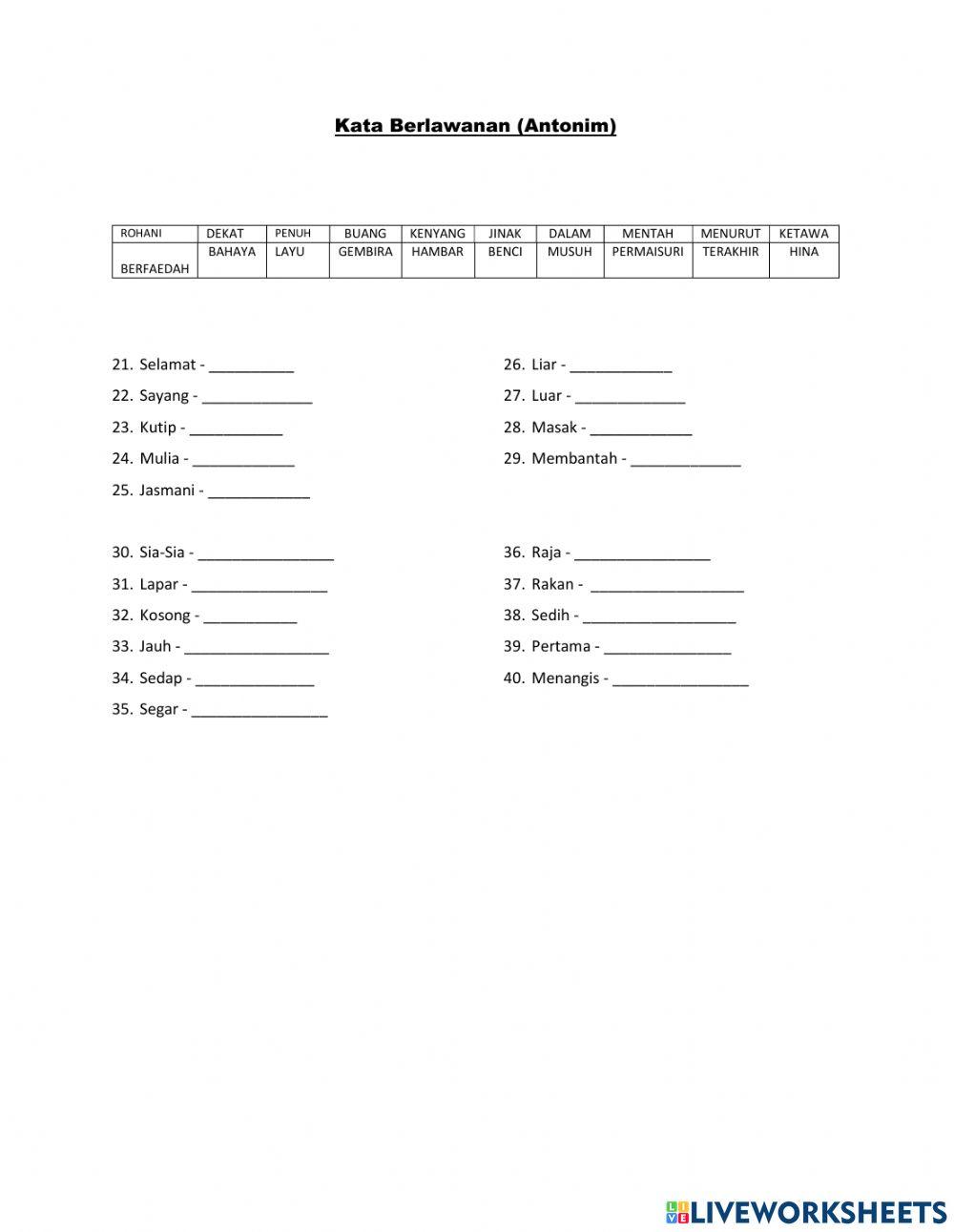 Antonim DAn SINONI online exercise for | Live Worksheets