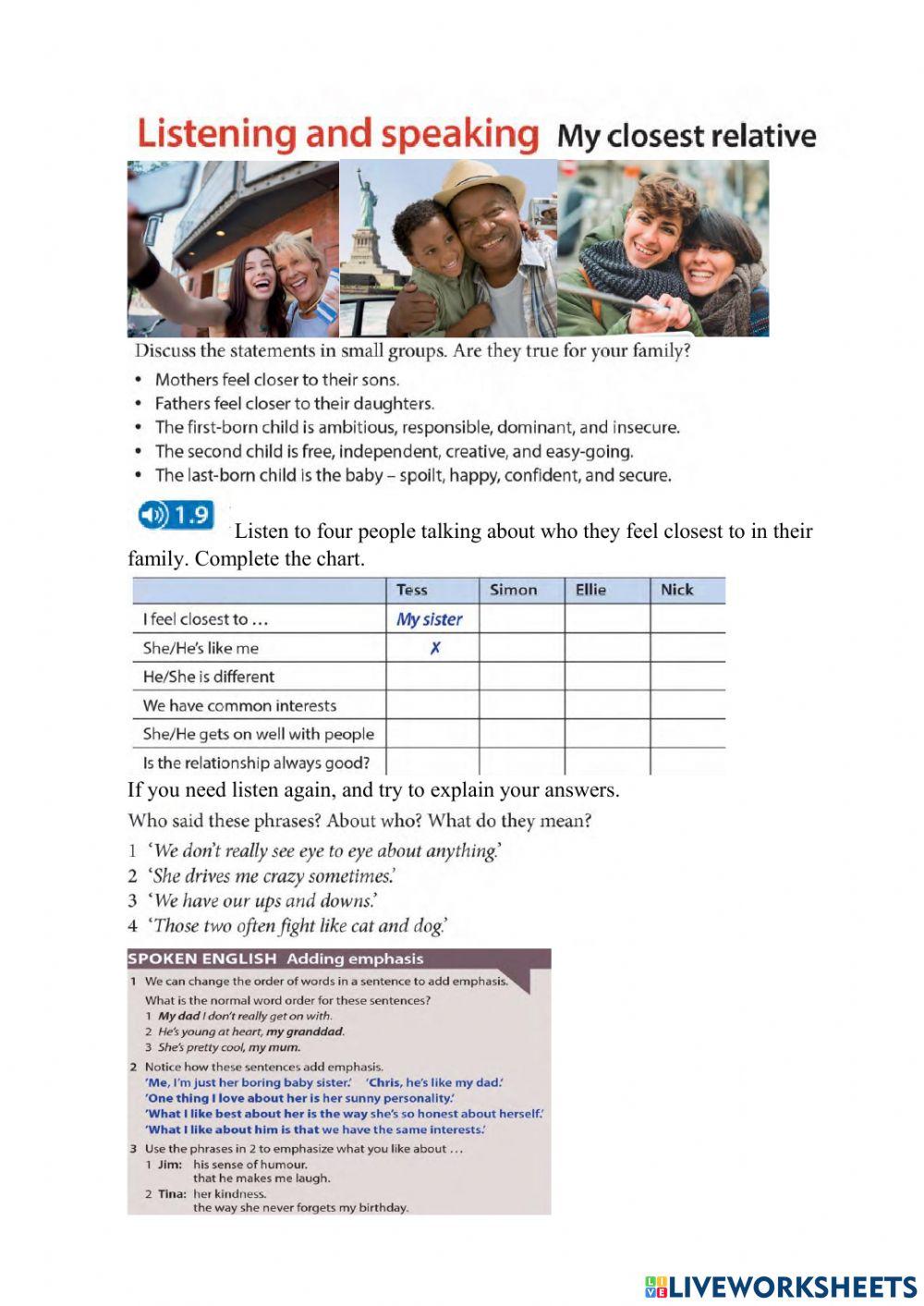 My closest relative worksheet | Live Worksheets