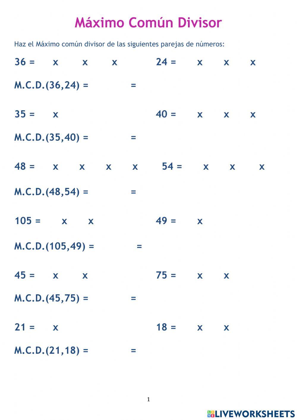 2197198 | Máximo común divisor | Laura | LiveWorksheets
