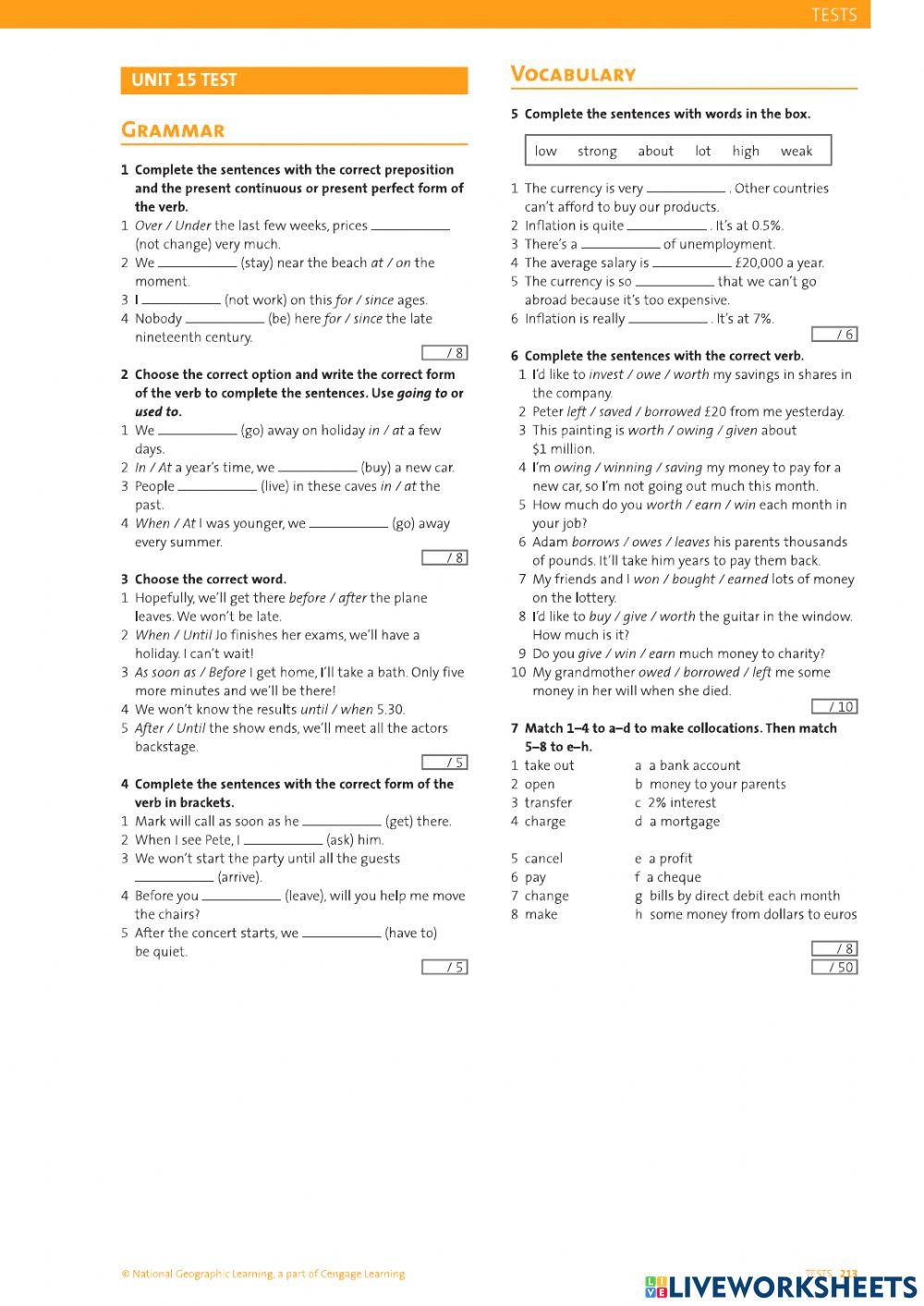 Outcomes pre-intermediate Unit 15 test online exercise for | Live ...
