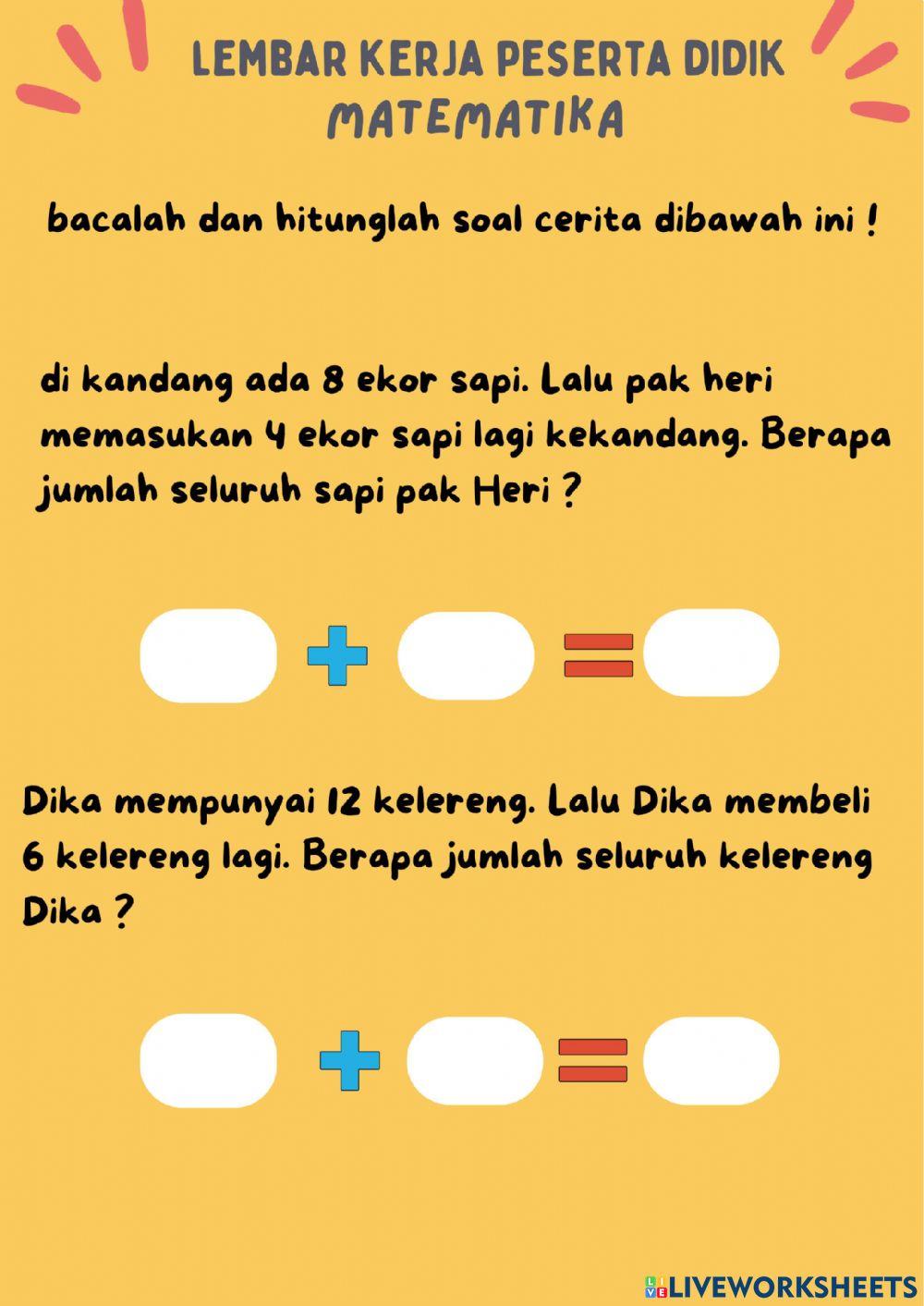 Matematika dan bahasa indonesia interactive worksheet | Live Worksheets