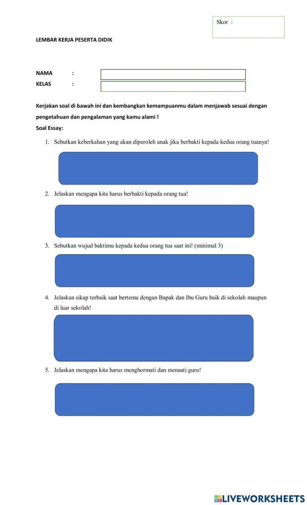 Lembar essay patuh dan taat pada orang tua dan guru worksheet | Live ...