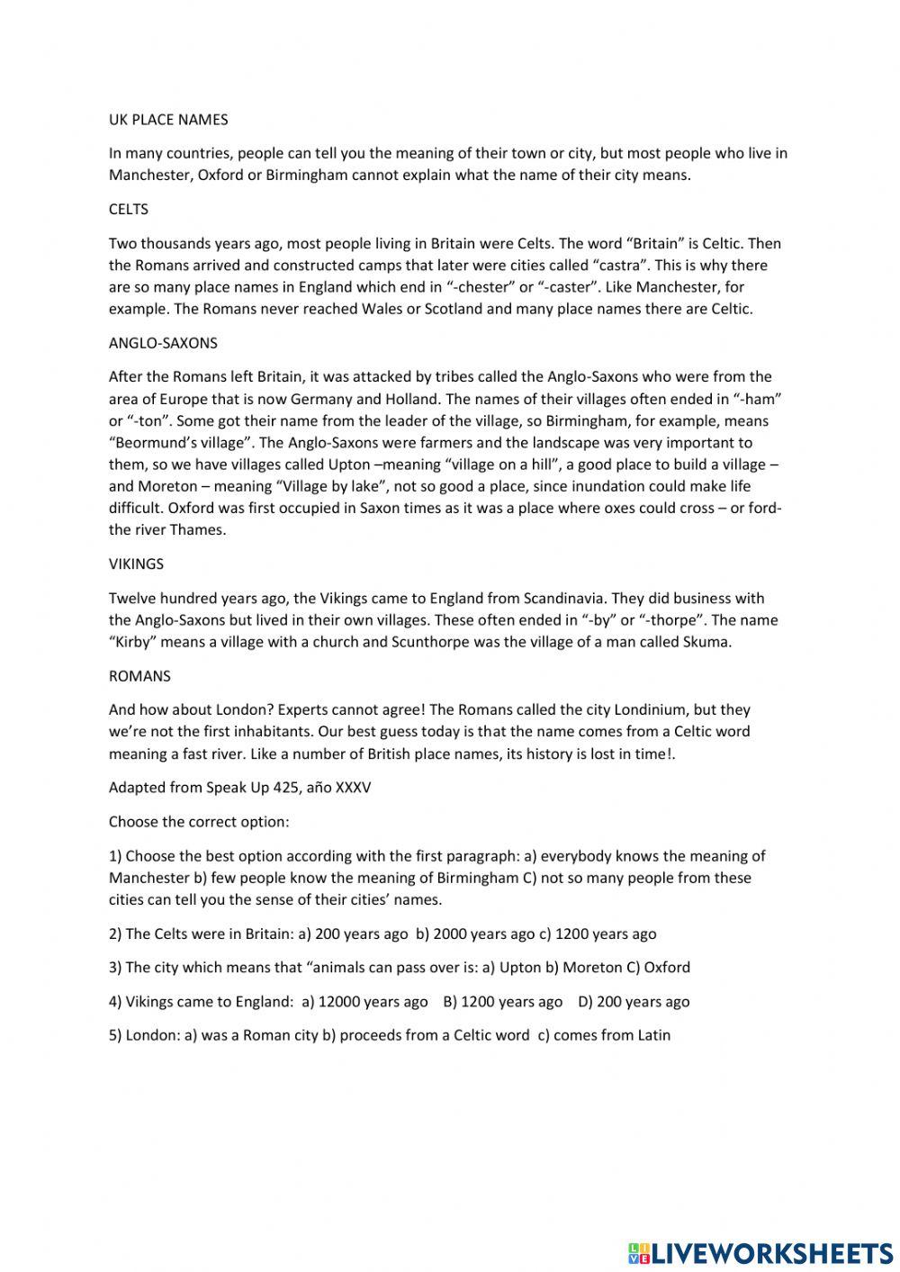 UK name places worksheet | Live Worksheets