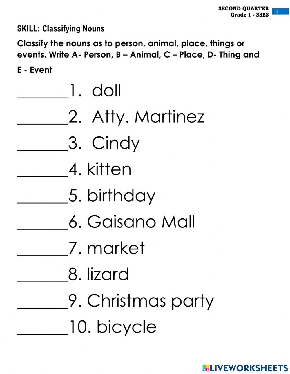 Q2-LW2-Classifying Nouns online exercise for | Live Worksheets