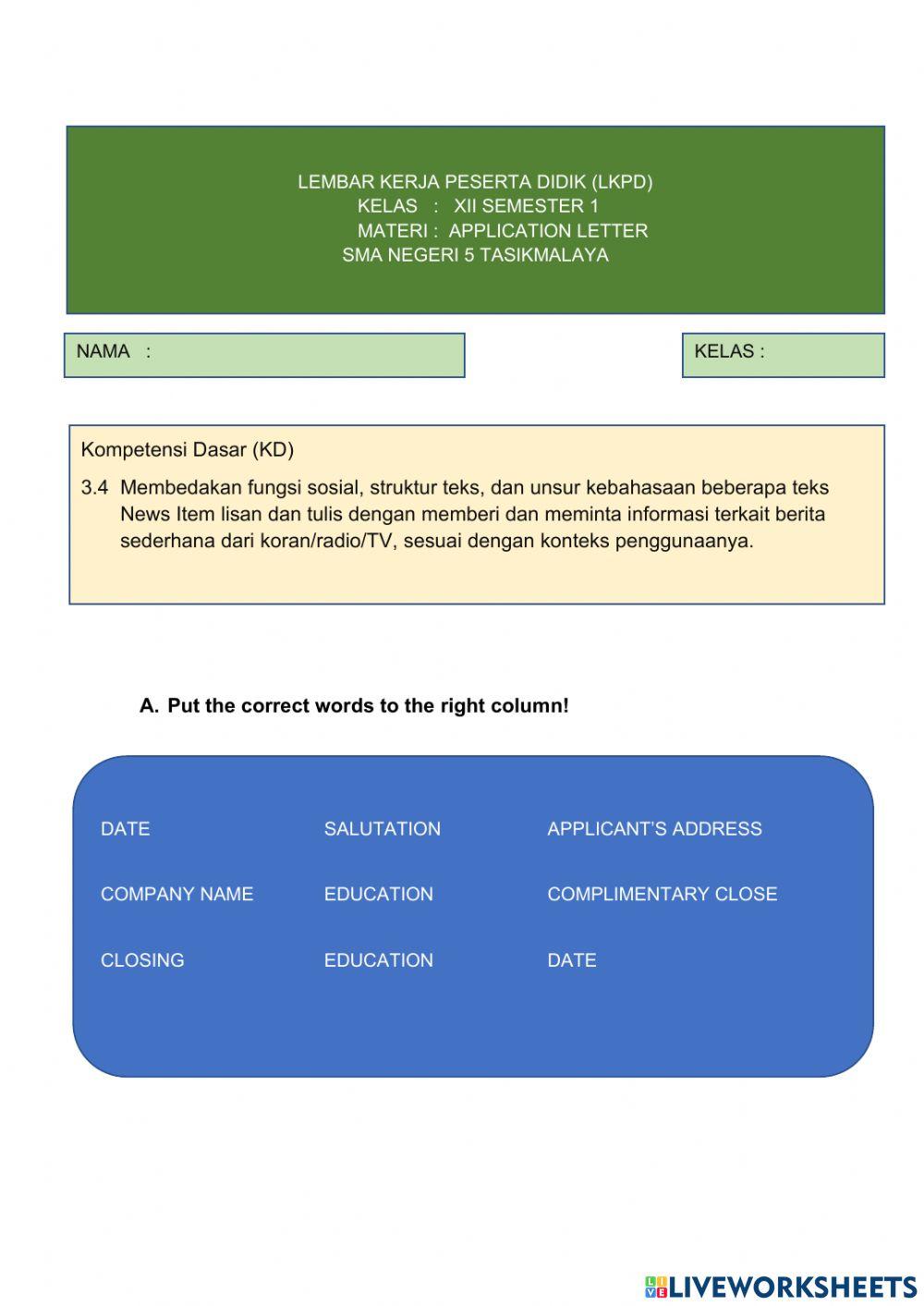 Pdf online activity: Application letter | Live Worksheets