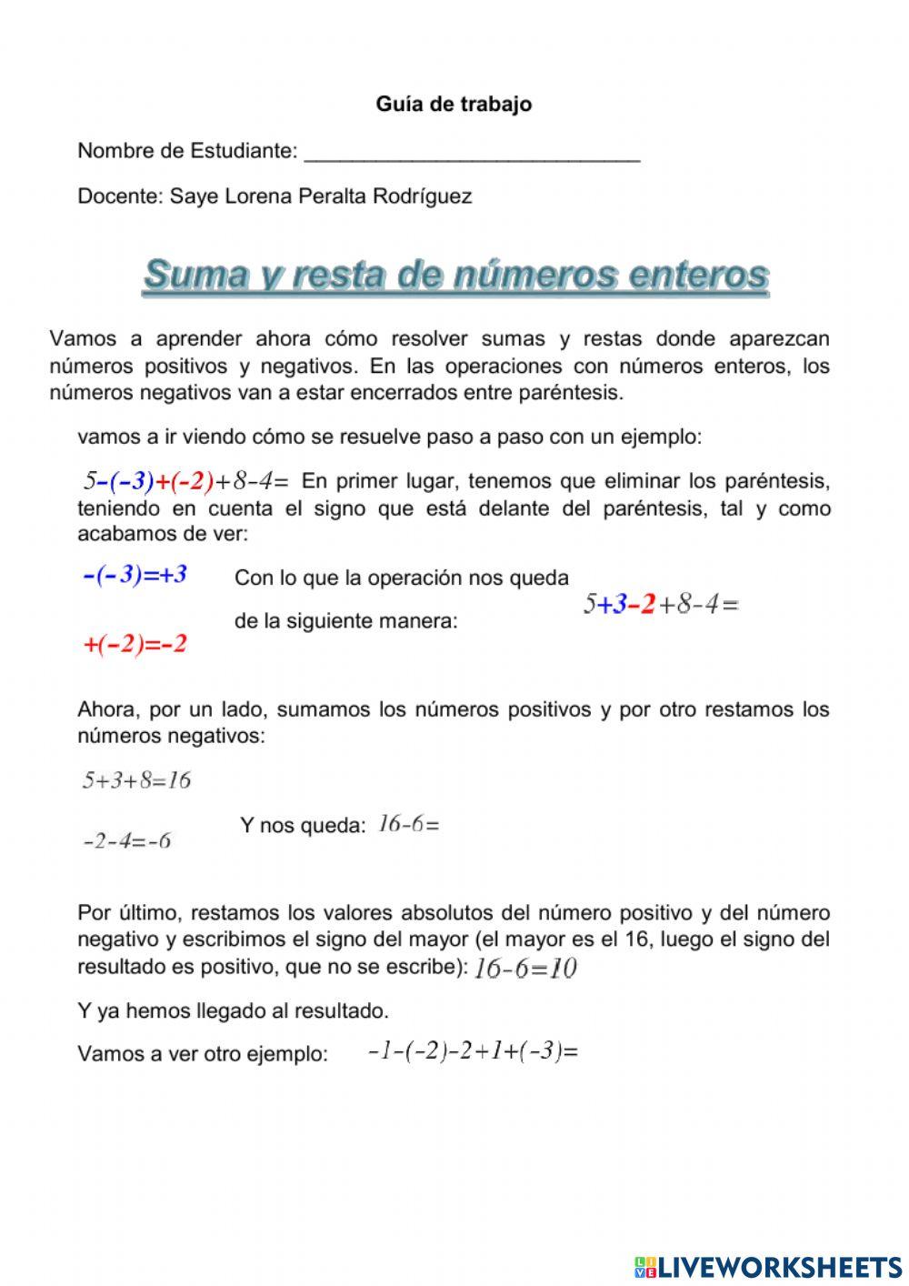 Suma y Resta de Números Enteros worksheet for 1 | Live Worksheets