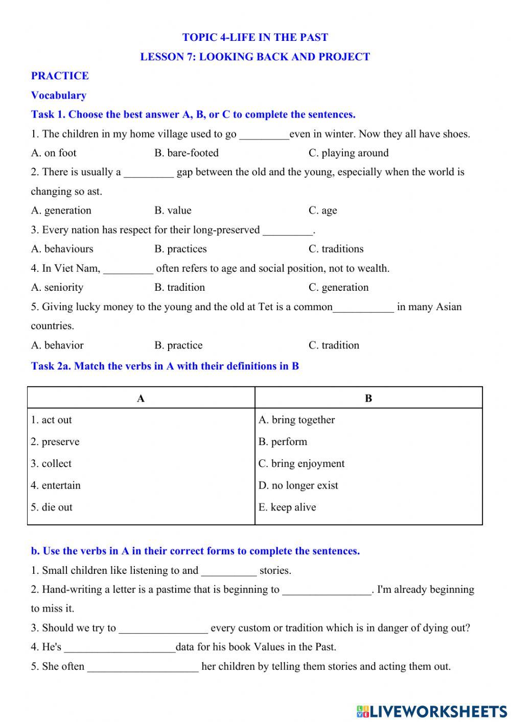 E.9-topic 4-looking back-practice worksheet | Live Worksheets