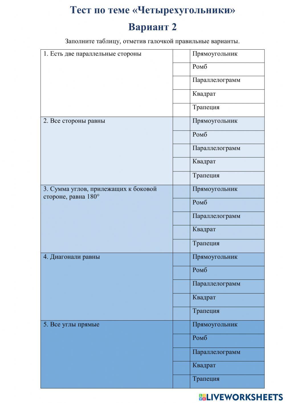 Обобщающий тест по теме Четырехугольники вариант 2 Worksheet Live