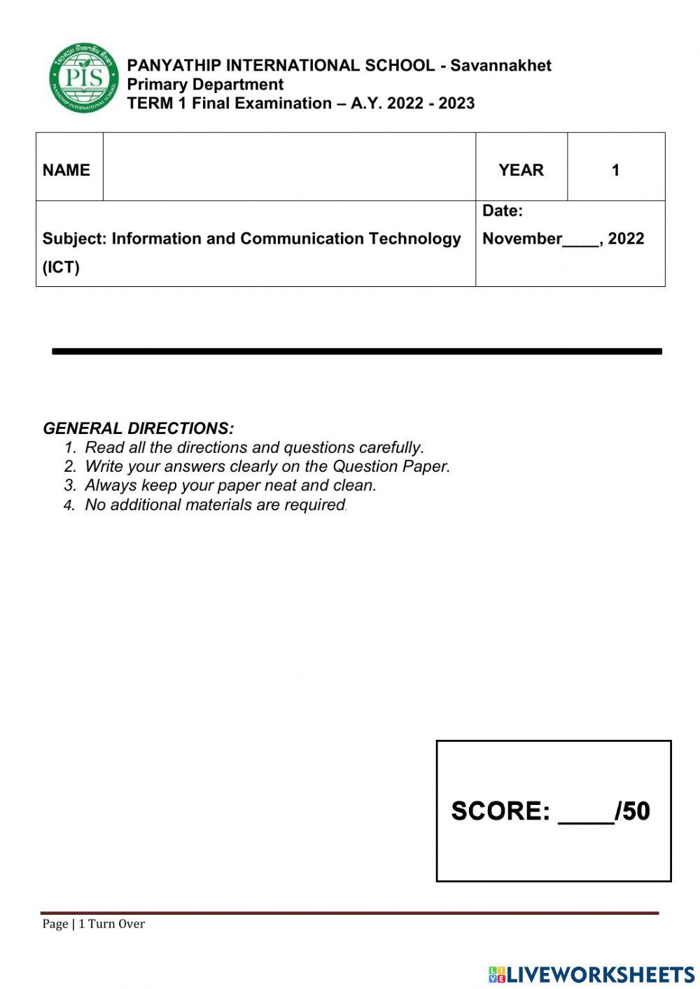 Term1 ICT exam y1 online exercise for | Live Worksheets