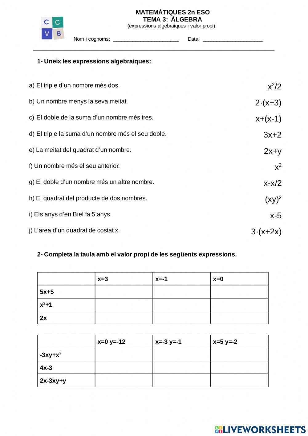 Expressions alg… | Free Interactive Worksheets | 2210854
