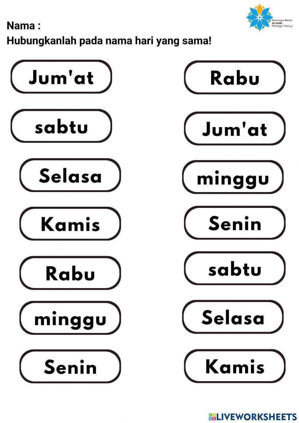 Mengenal nama hari worksheet | Live Worksheets