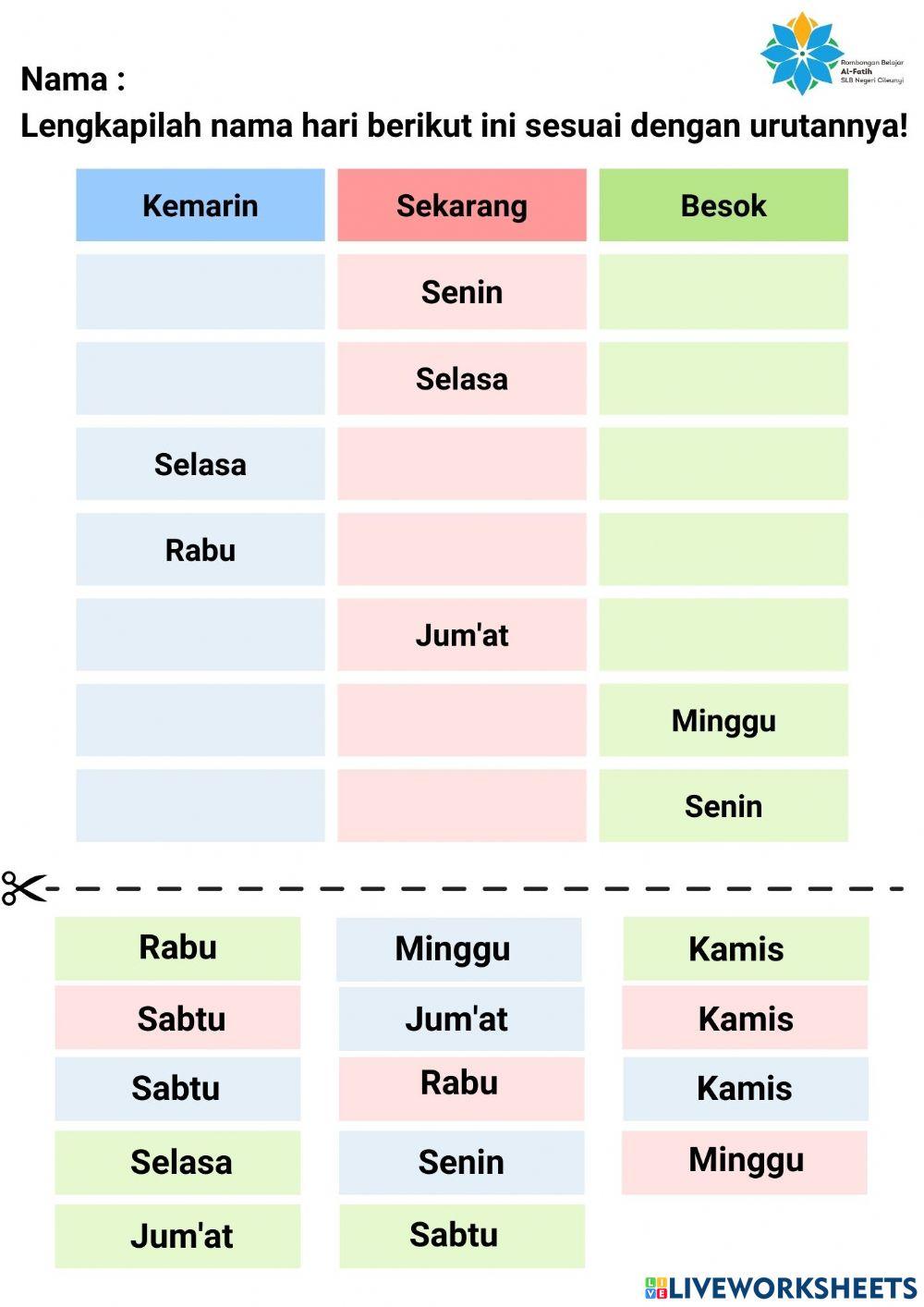 Konsep waktu (hari) worksheet | Live Worksheets