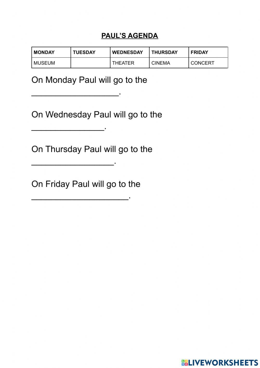 Paul's agenda worksheet | Live Worksheets