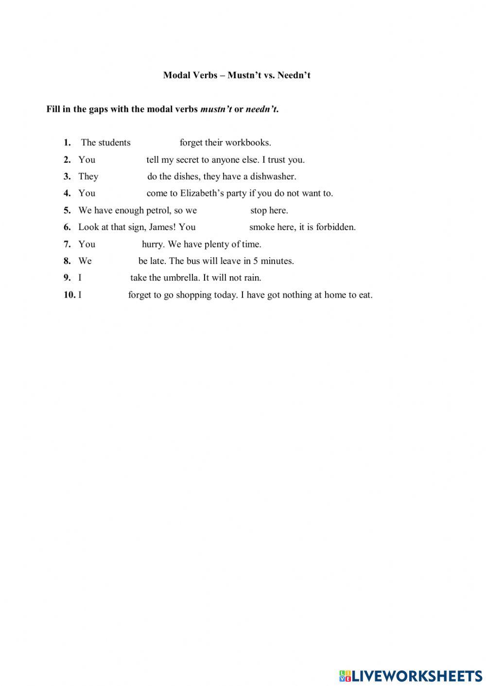Modal Verbs - Mustn't vs Needn't worksheet | Live Worksheets