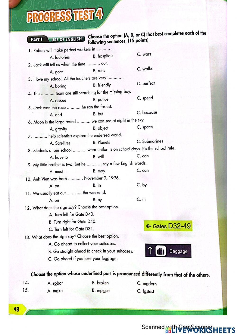 Progress test 4 - RO6 Practice test worksheet | Live Worksheets