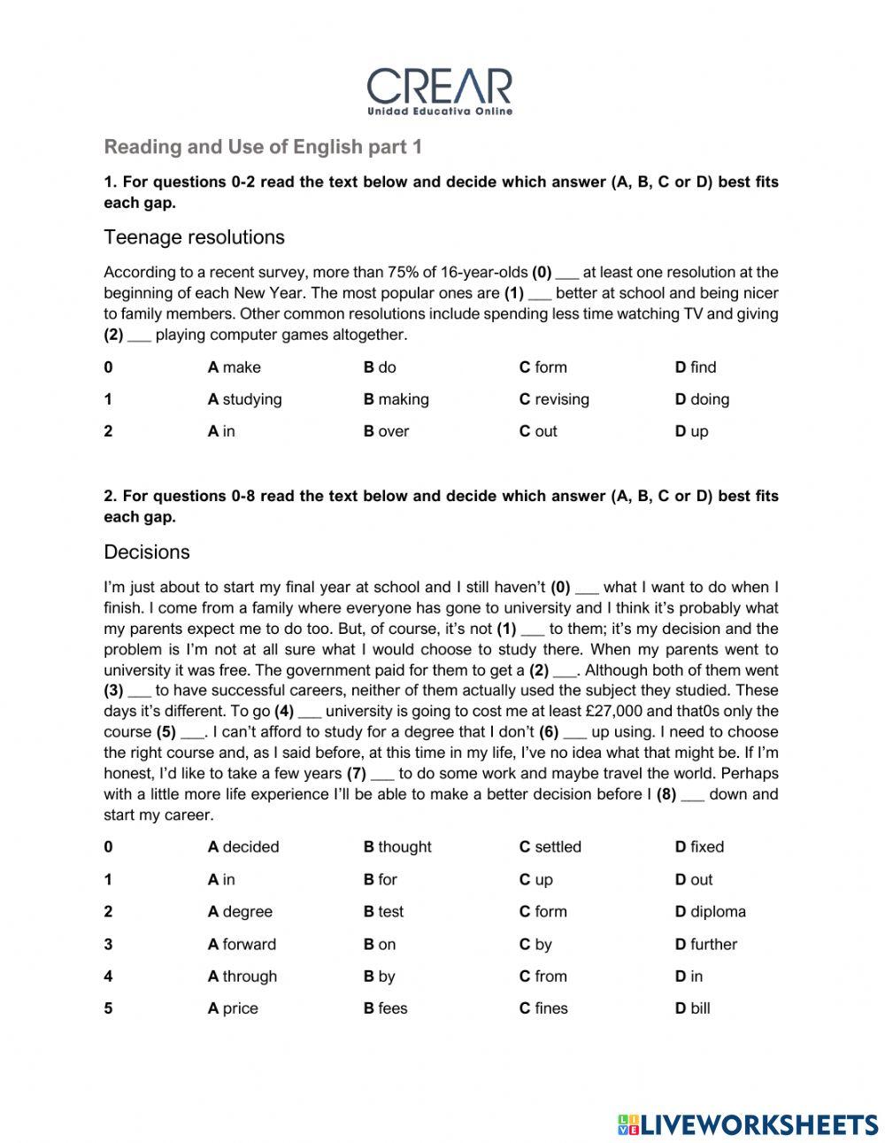 Cambridge English part 1 worksheet | Live Worksheets