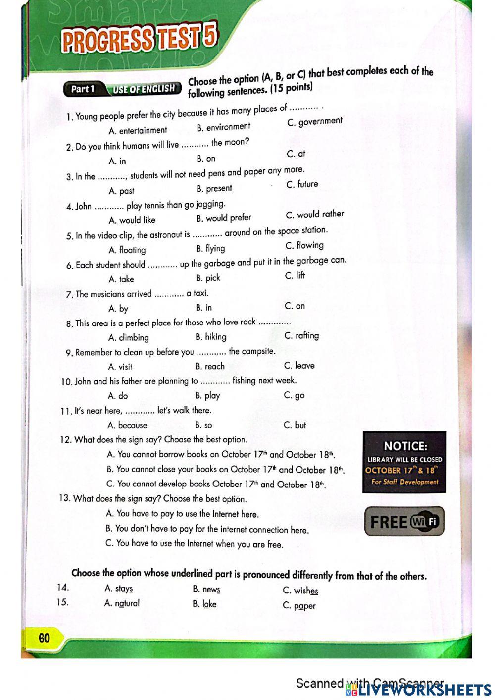 Progress test 5 - RO6 Practice test worksheet | Live Worksheets