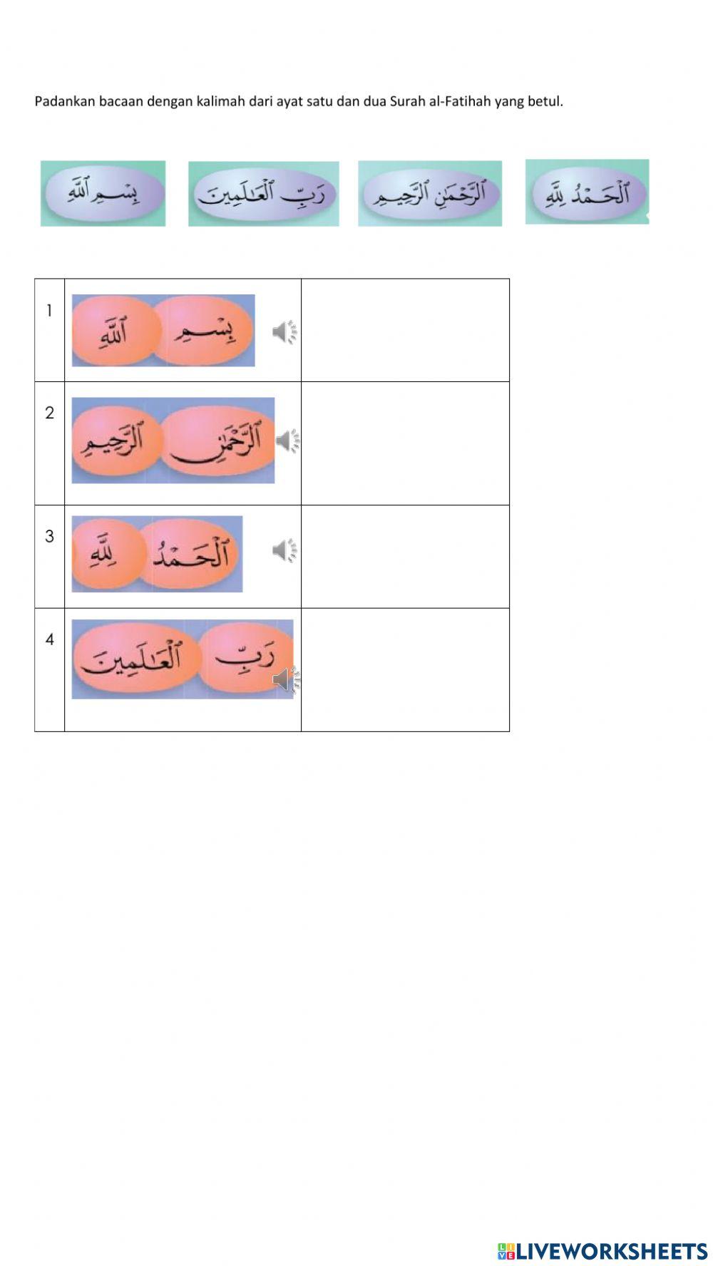 Al Fatihah Ayat 1-2 worksheet | Live Worksheets