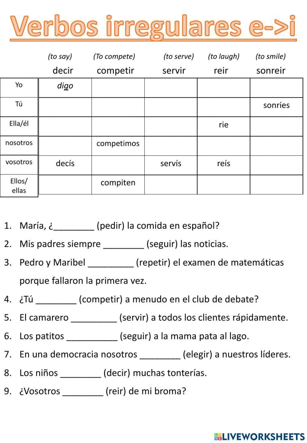 Verbos Irregulares E I Worksheet Live Worksheets