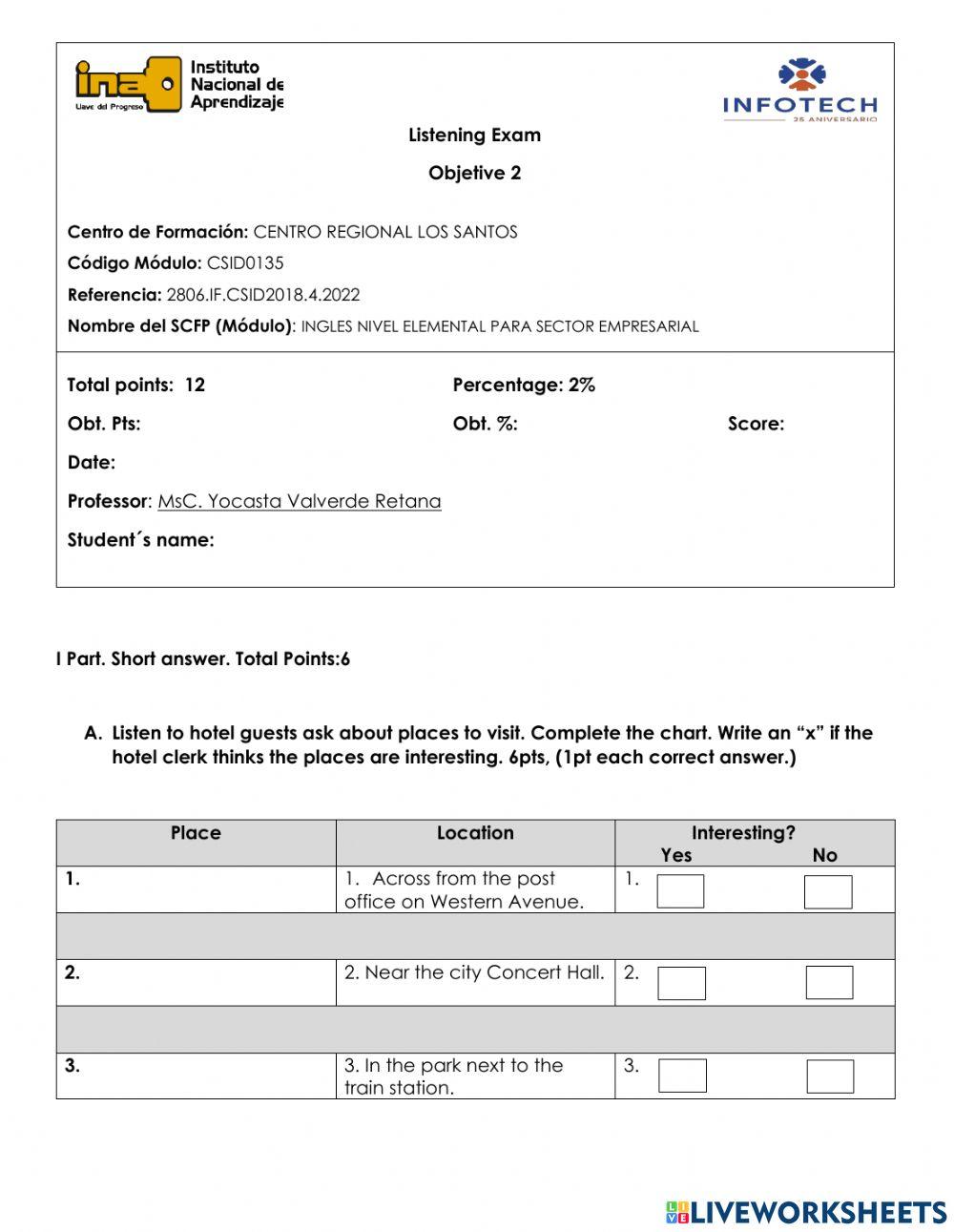 Listening exam activity for intermediate | Live Worksheets