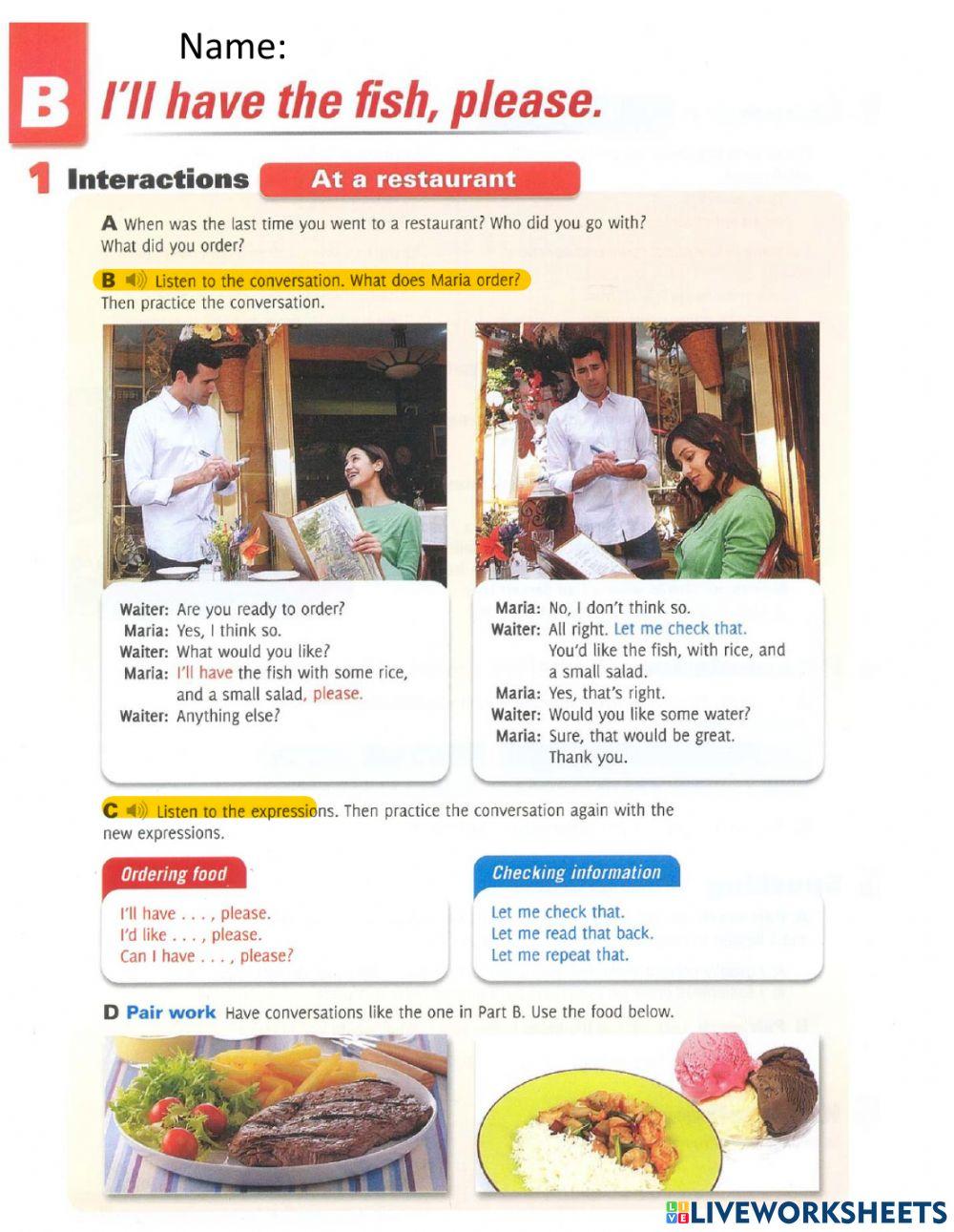 Level 2 unit 10 Lesson B I'll have the fish please