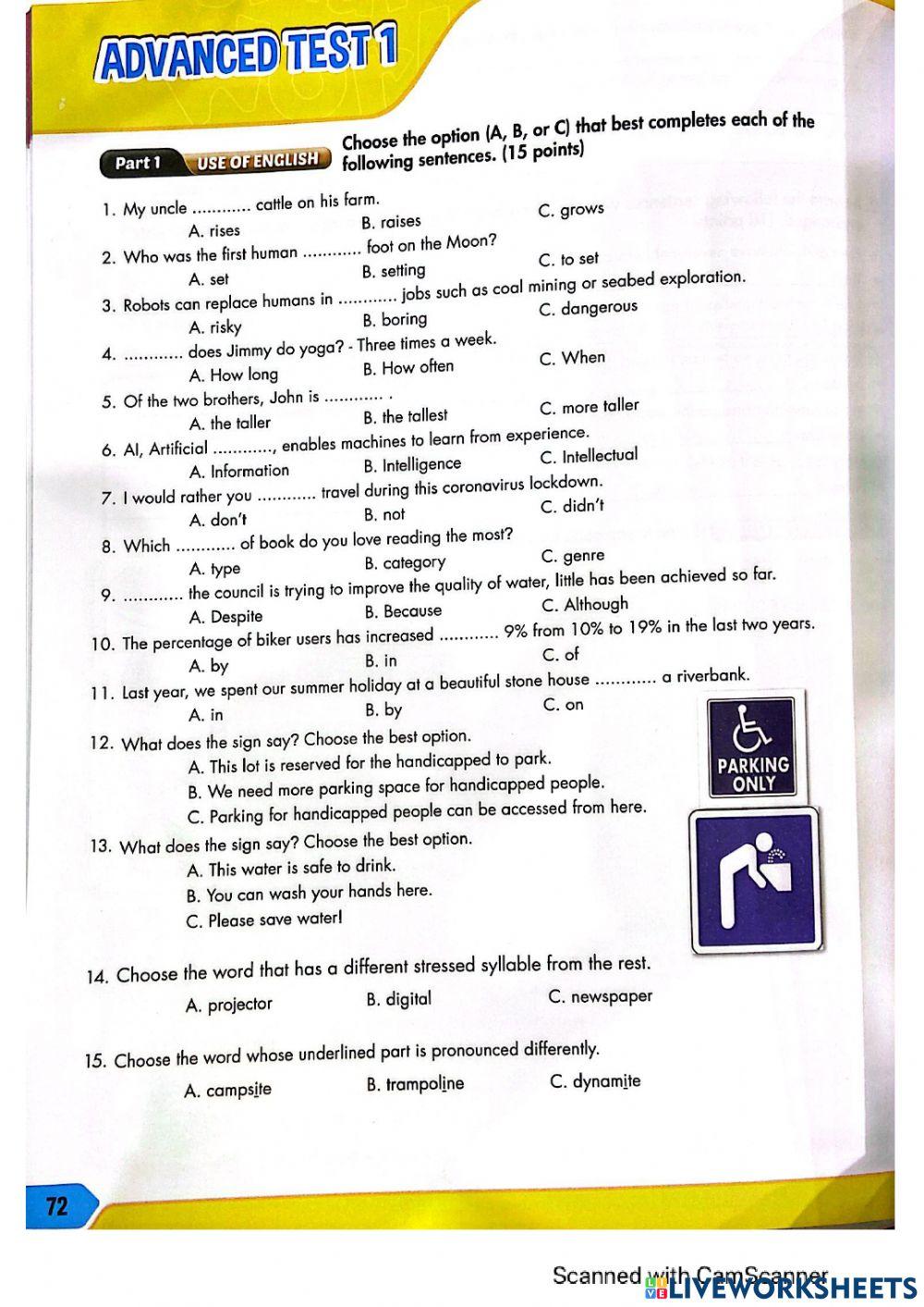 Advanced test 1 - RO6 Practice test worksheet | Live Worksheets