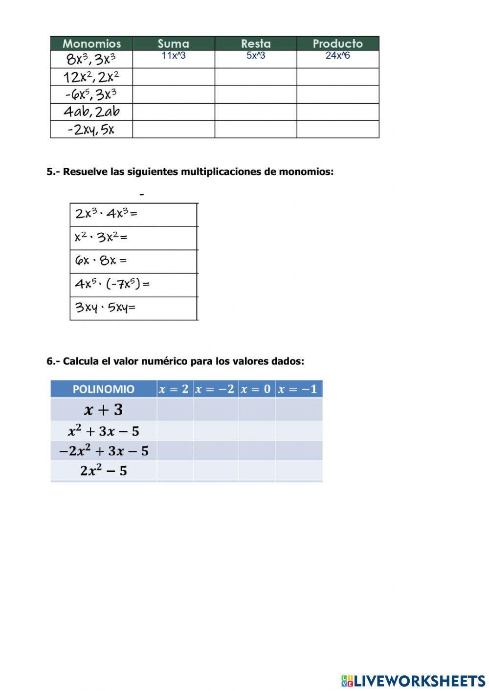 Monomios-álgebra | Free Interactive Worksheets | 2214905