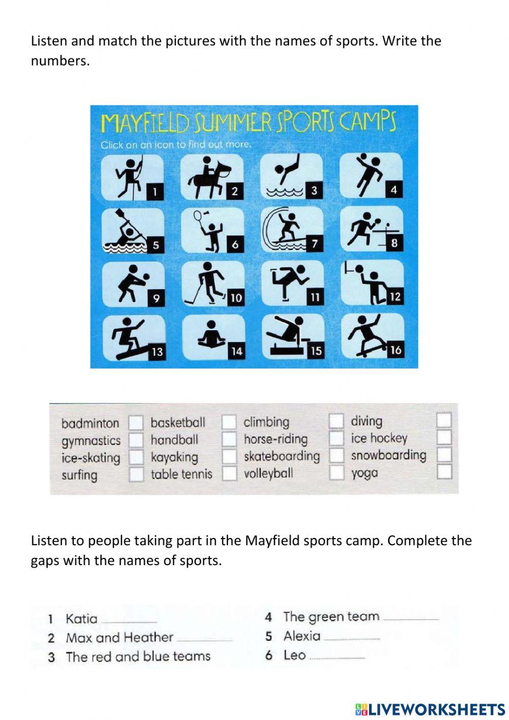 Mayfield sports camp worksheet | Live Worksheets