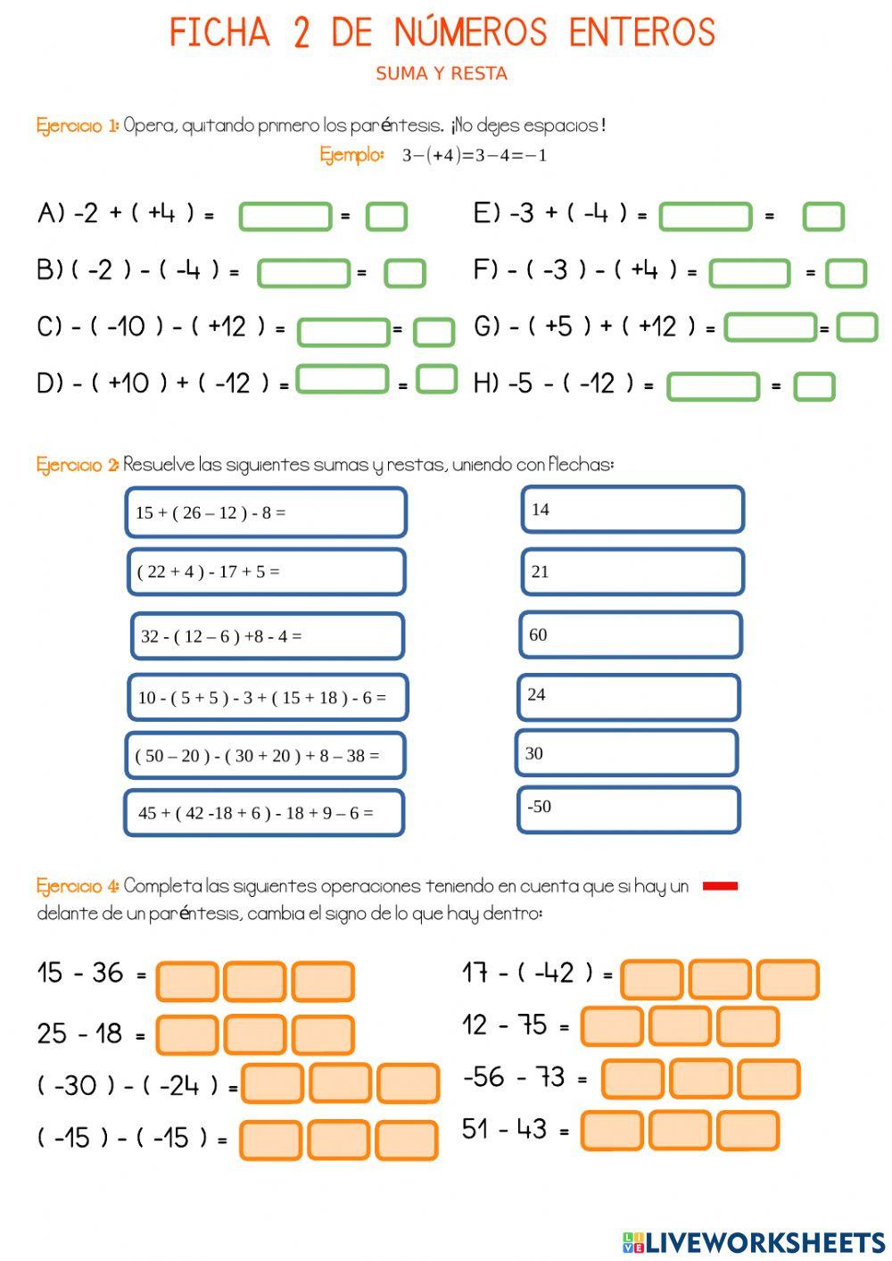 Números enteros Ficha 2 worksheet | Live Worksheets