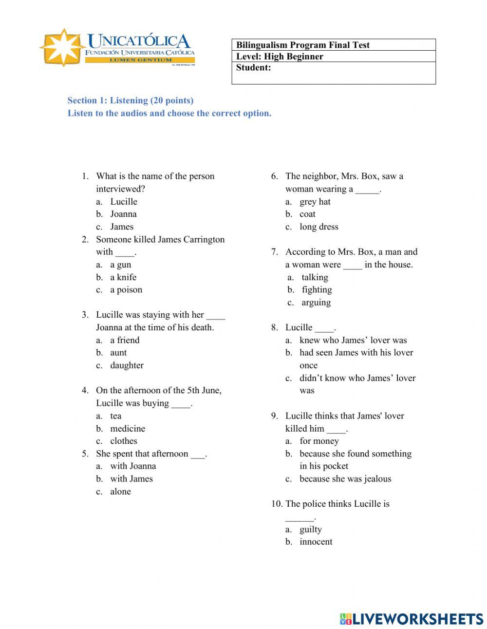 High Beginner test worksheet | Live Worksheets