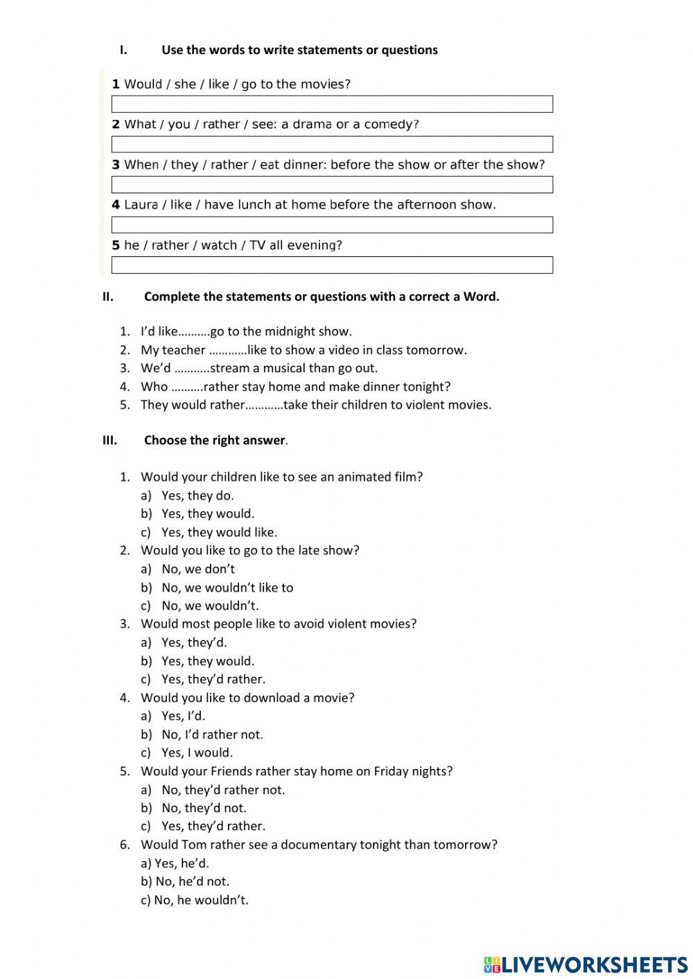 ELEMENTARY 9 WANTS AND PREFERENCES online exercise for | Live Worksheets