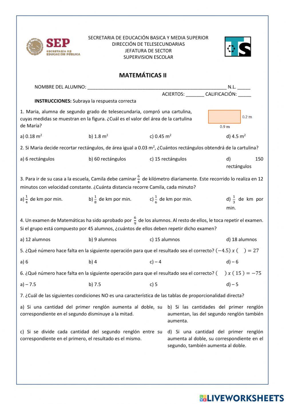 Examen de matematicas online exercise for segundo telesecundaria | Live ...