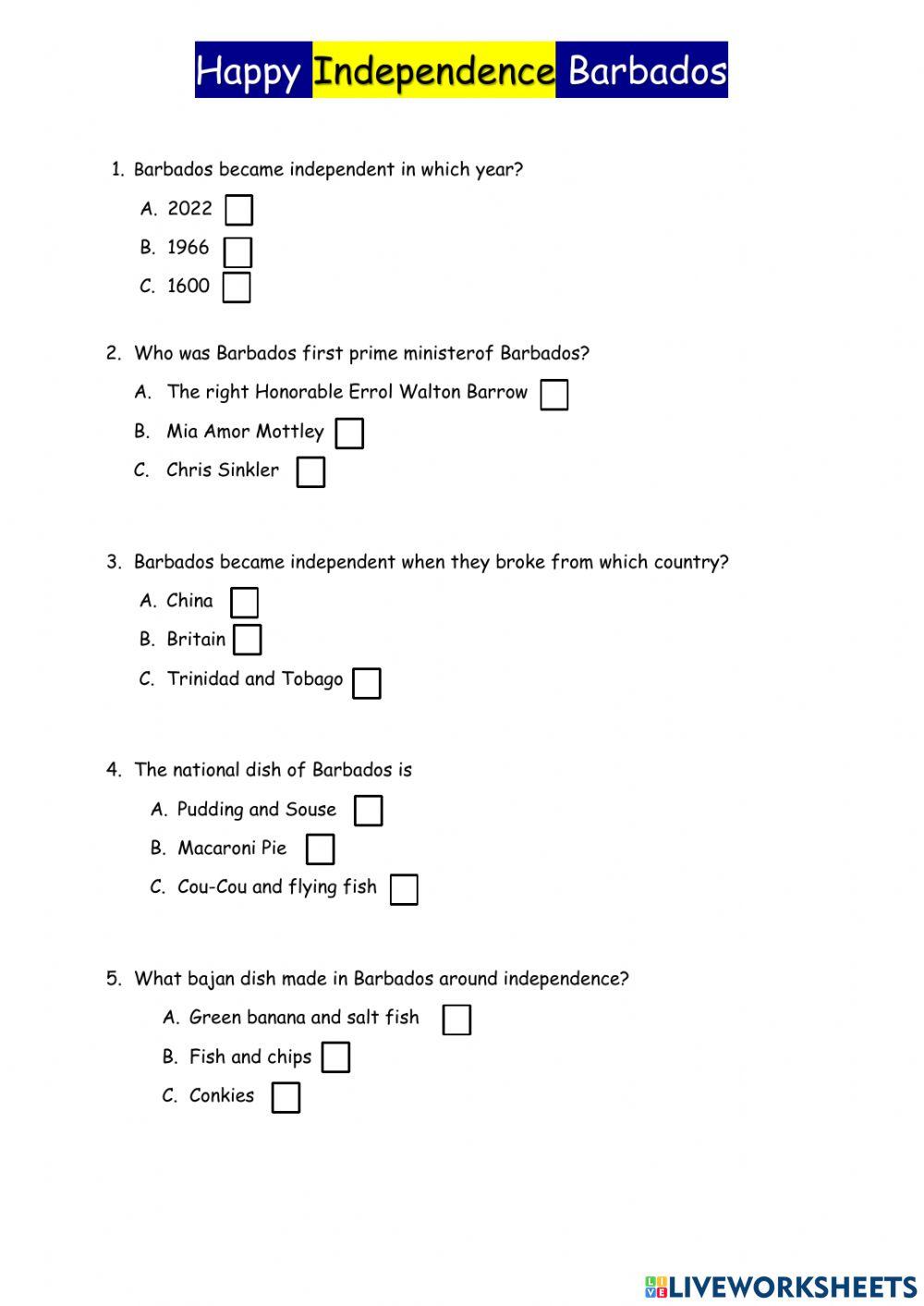Barbados Indepe… | Free Interactive Worksheets | 2217035