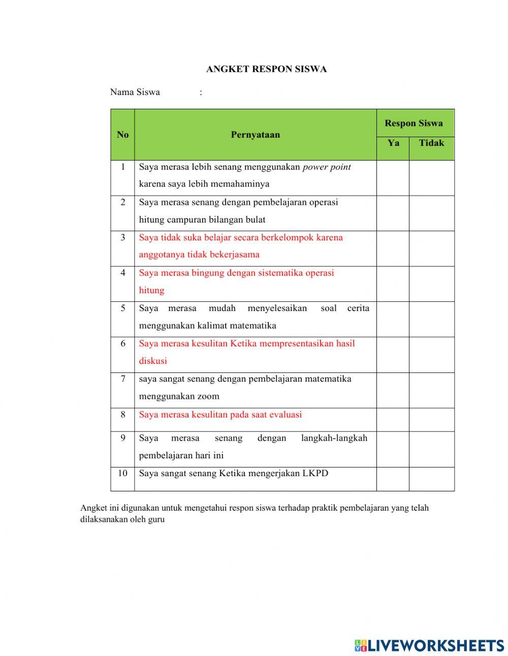 Angket siswa 2217054 | Aulia Rizqiani | Live Worksheets