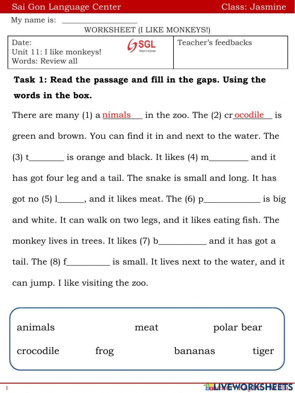 I like monkeys! 2217060 | Willa10 | Live Worksheets